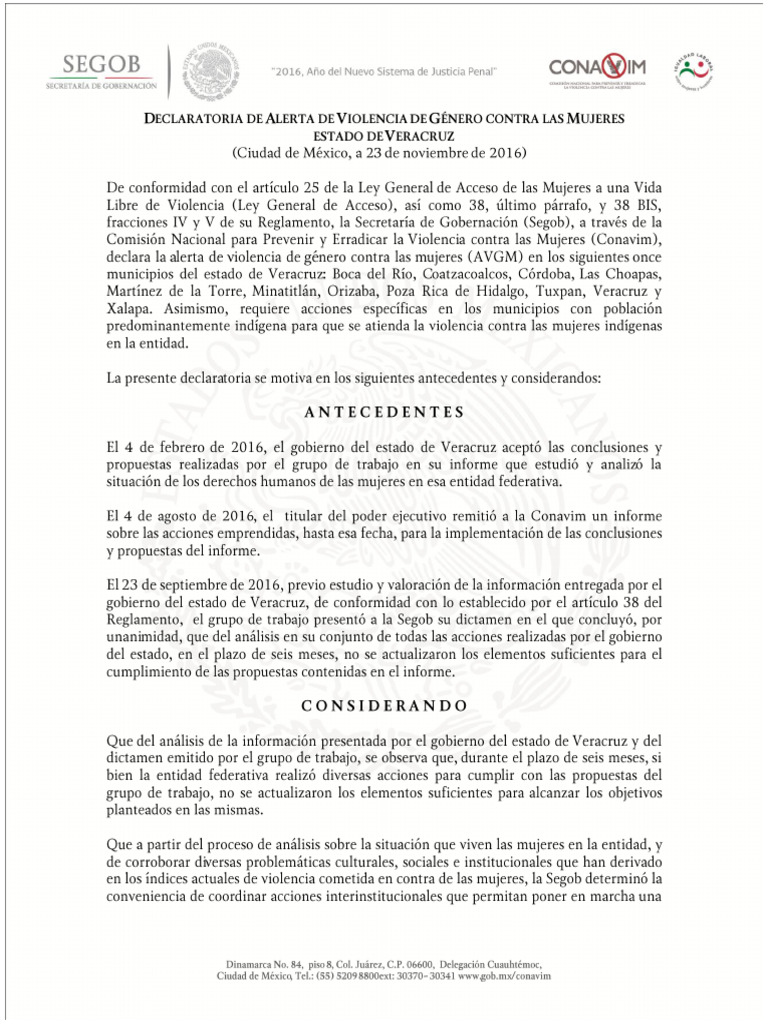 Declaratoria - AVGM - Veracruz 23 Nov 2016 | PDF