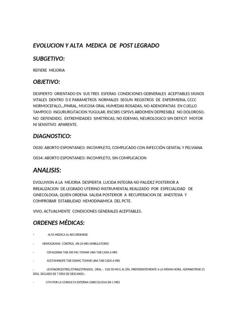 Evolucion y Alta Medica de Post Legrado RRRRRR | PDF