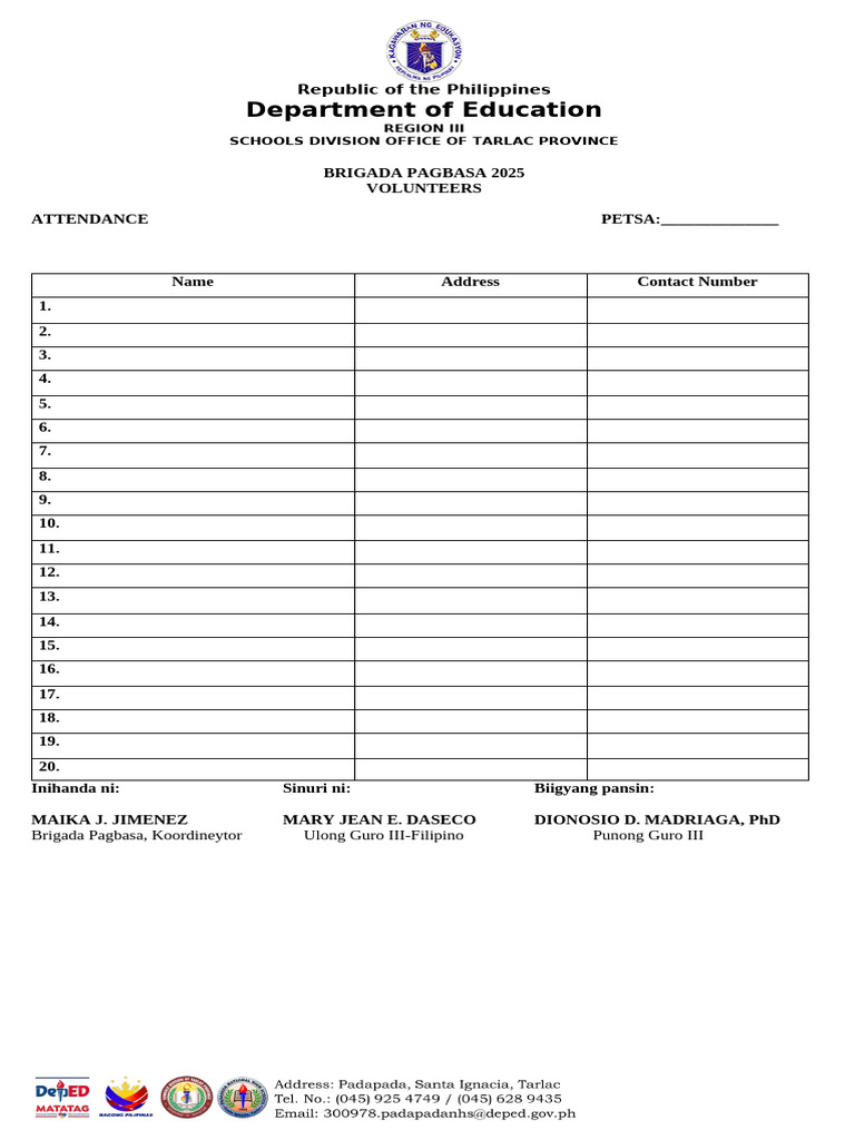 Brigada Pagbasa Attendance FILIPINO | PDF