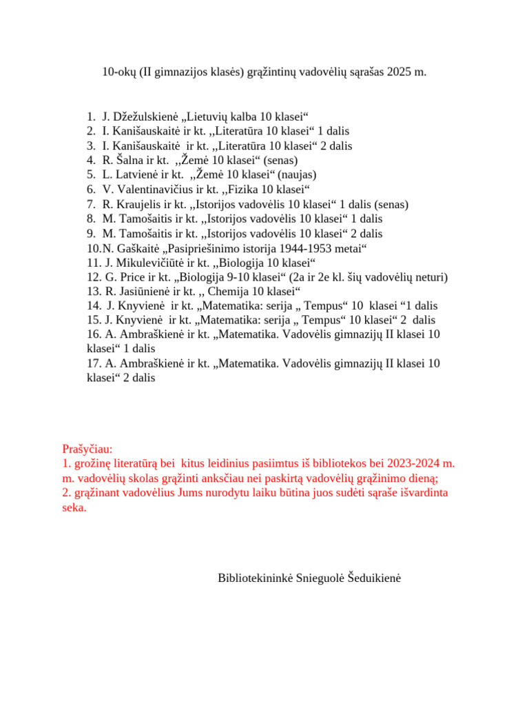 10 Klases Grazintinu Vadoveliu Sarasas 2025 M. | PDF