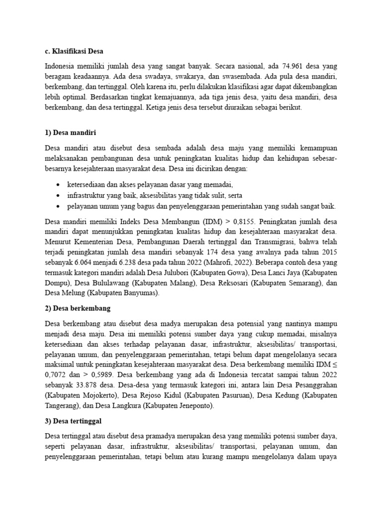 Klasifikasi Desa Berdasarkan Kemajuan | PDF