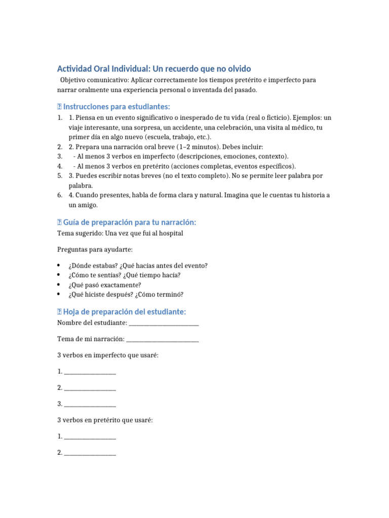Actividad Oral Individual Un Recuerdo | PDF