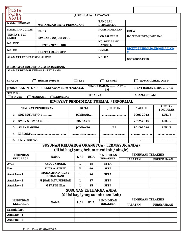 Formulir Data Karyawan Ricky Permadani | PDF
