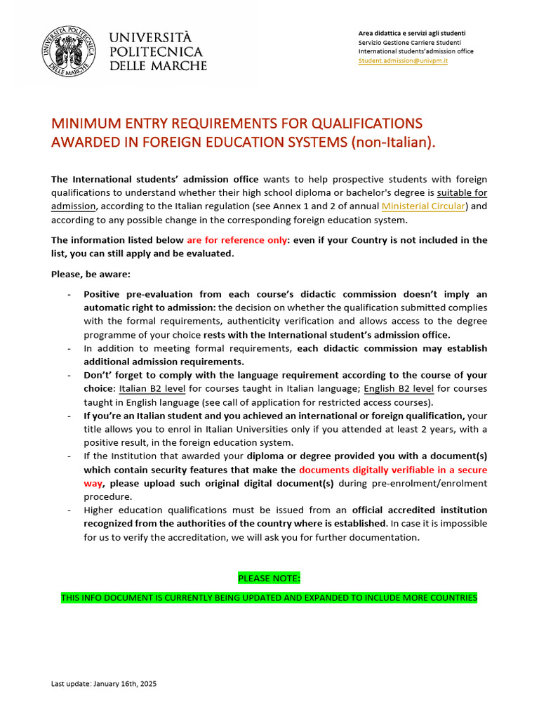 Entry Requirements Foreign Edu Systems 2025 | PDF | Academic Degree ...