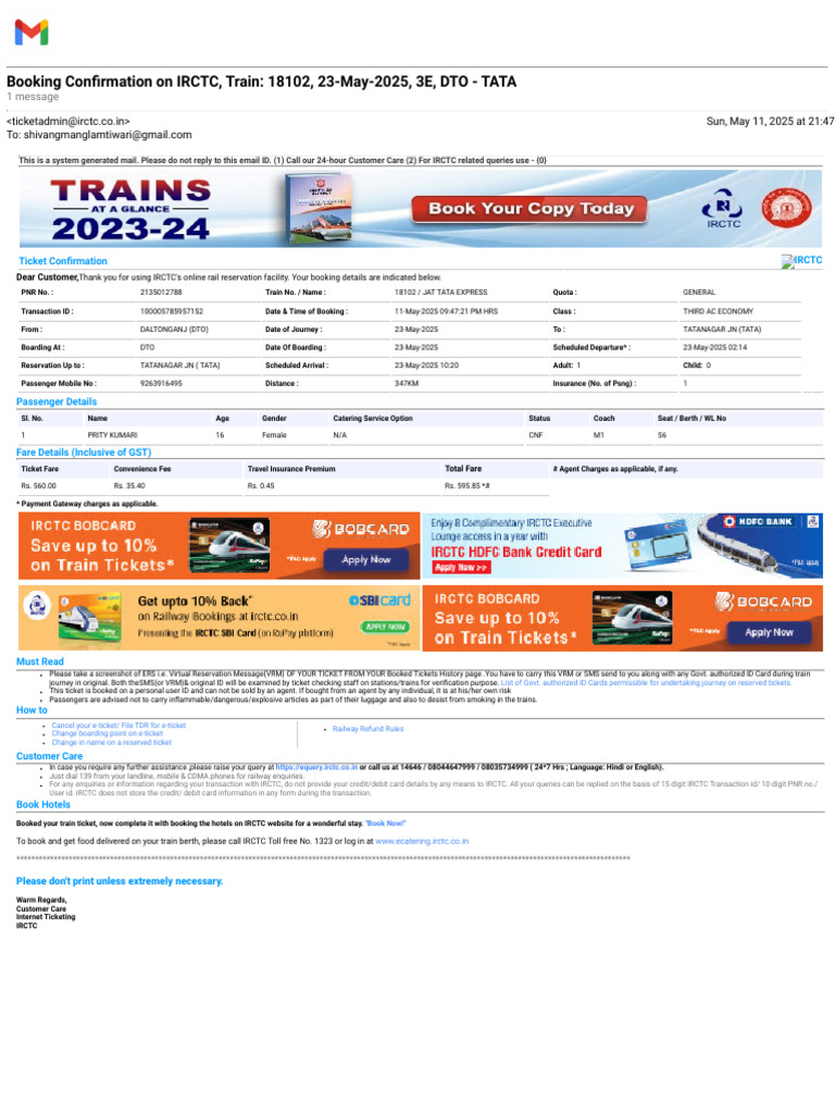 Gmail - Booking Confirmation On IRCTC, Train - 18102, 23-May-2025, 3E ...