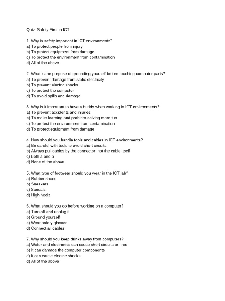 ICT Safety Quiz and Guidelines | PDF | Shoe | Personal Protective Equipment
