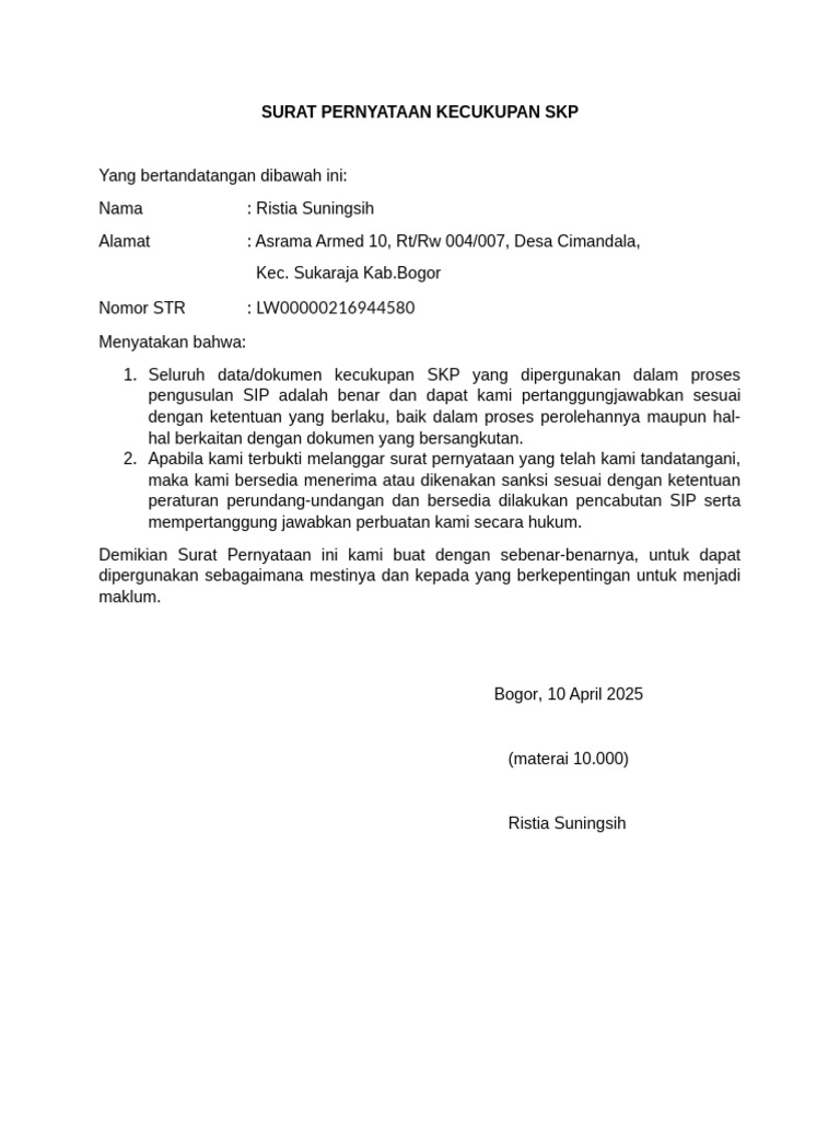 Surat Pernyataan Kecukupan SKP Baru | PDF