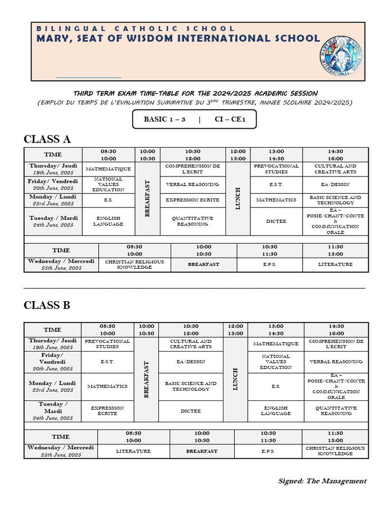 Third Term Exam Timetable - Basic 1-3 - Ci-Ce1 | PDF | Neuroscience ...