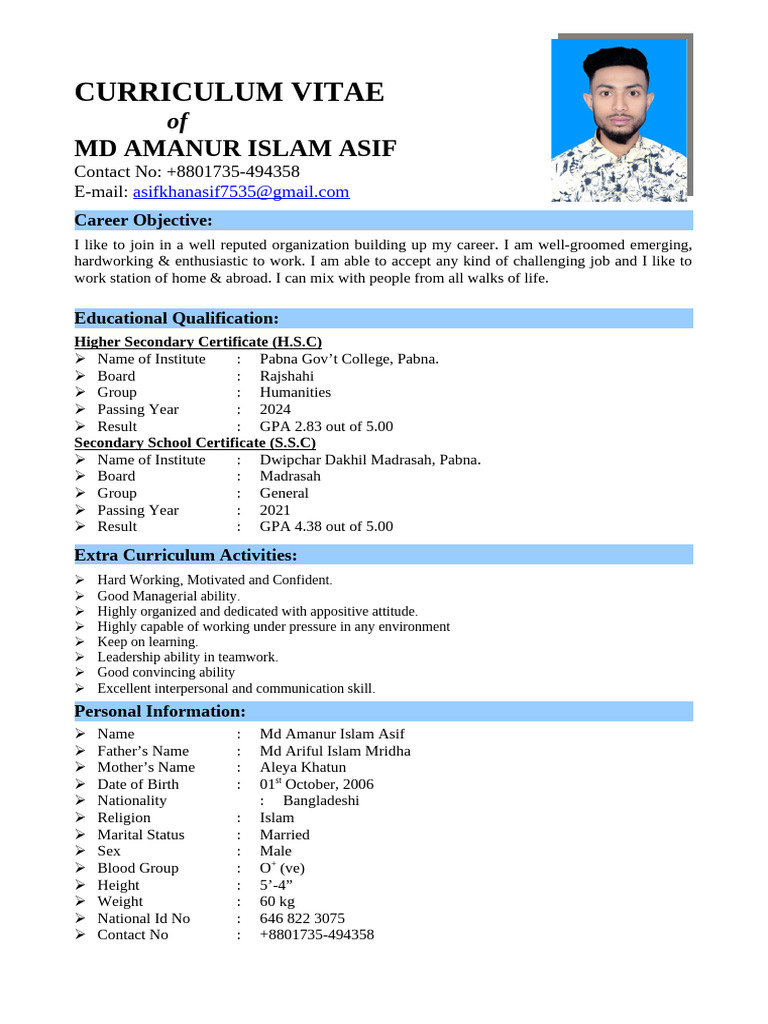 CV of MD Amanur Islam Asif | PDF | Learning