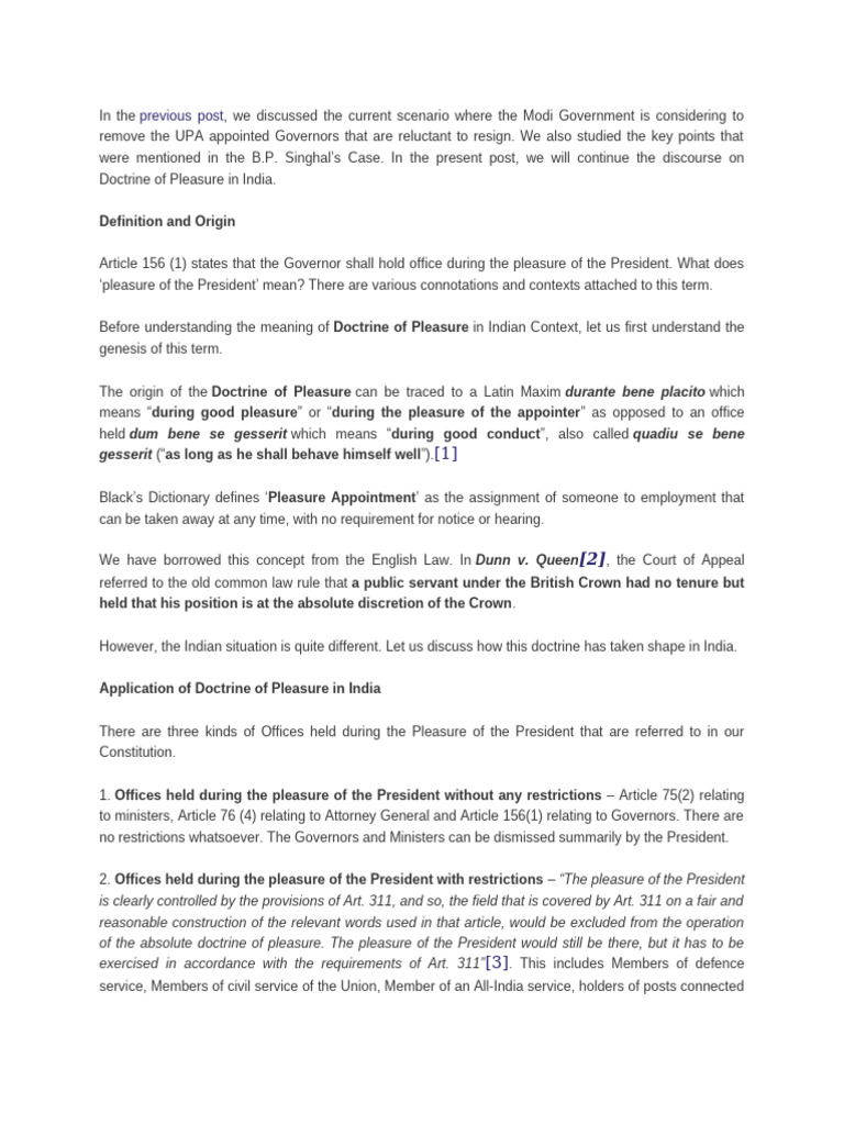 Origin and Scope of Doctrine of Pleasure in India | PDF | Presidents Of ...