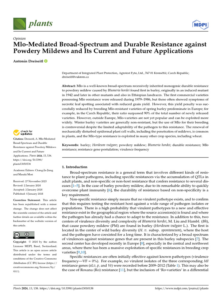 Mlo-Mediated Broad-Spectrum and Durable Resistance Against Powdery ...