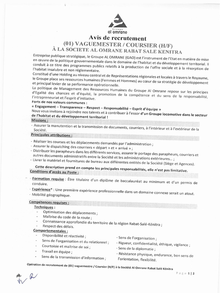 Avis de Recrutement Vaguemestre Coursier Sao RSK | PDF
