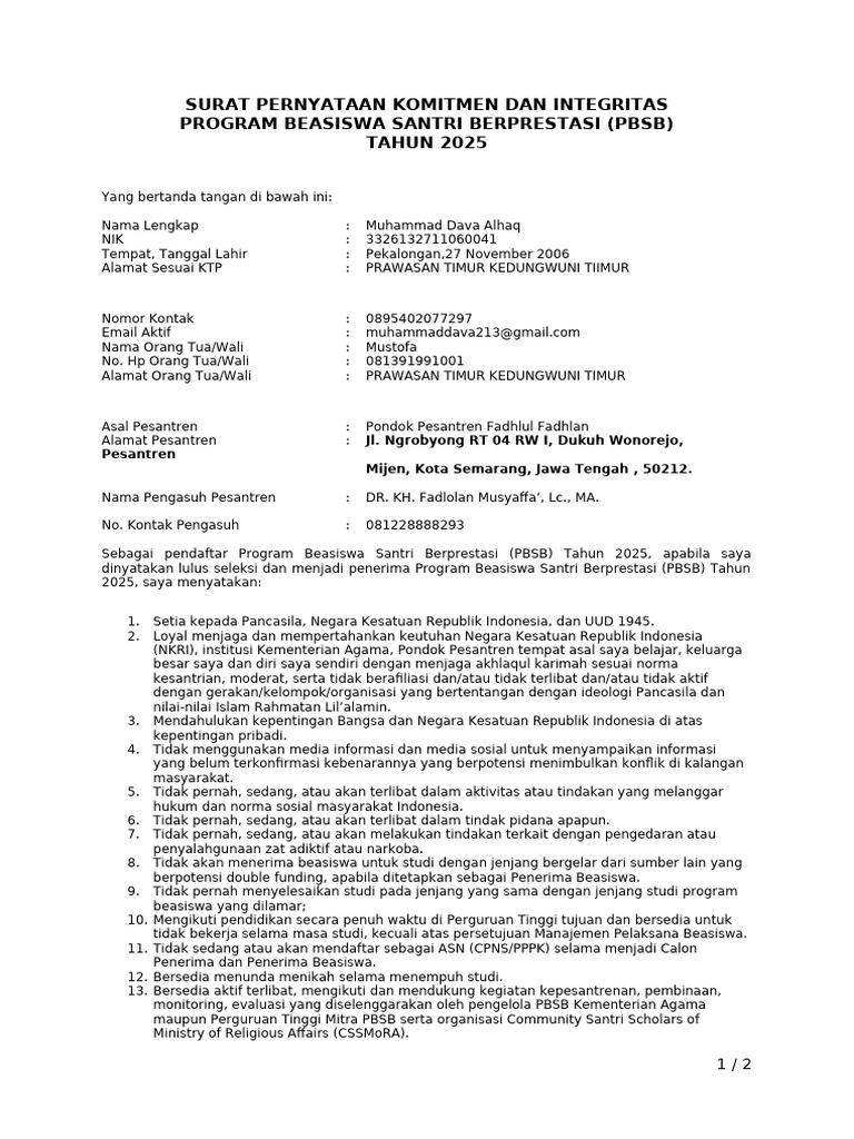 Surat Pernyataan Dava | PDF