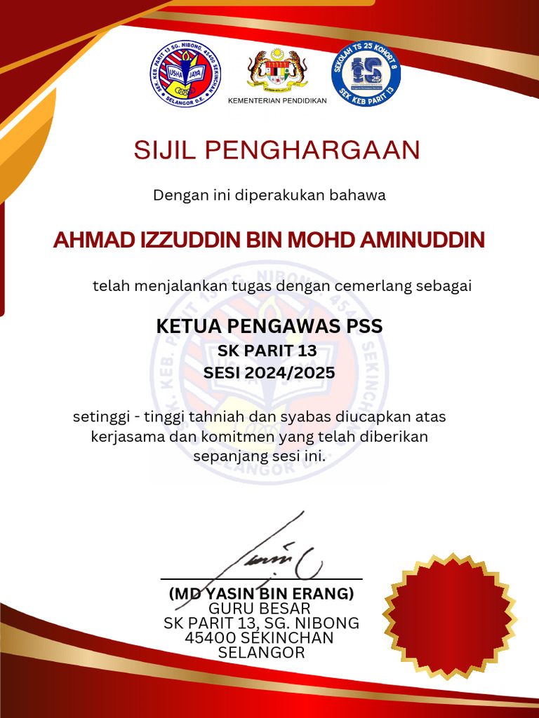 Sijil Ketua Kelas, Pengawas, Pss | PDF