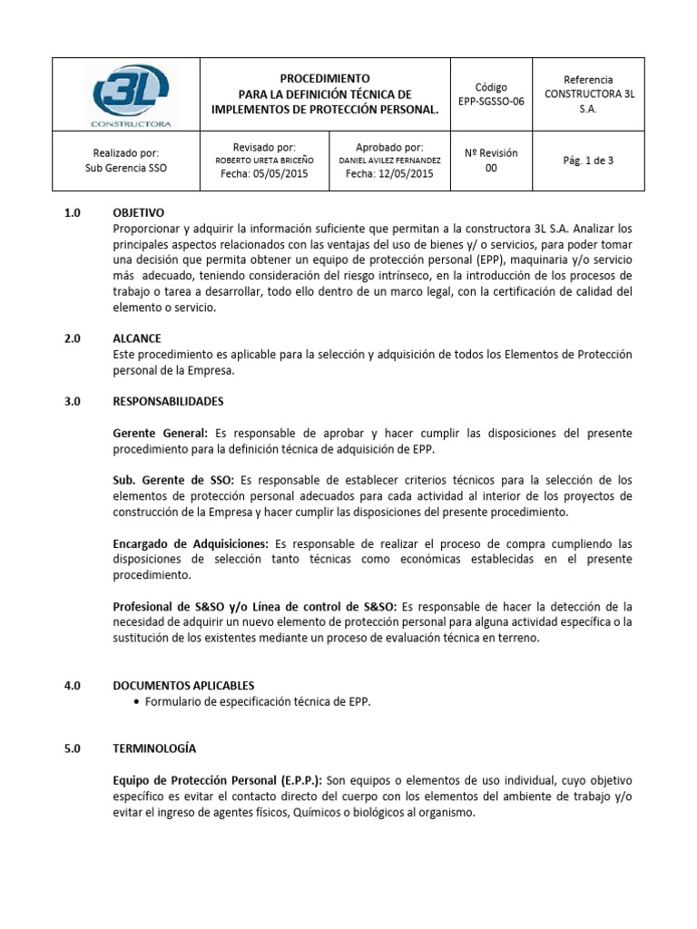 Epp-Sgsso-06 (Procedimiento para La Definicion Tecnica de Epp) | PDF | Seguridad y salud ...