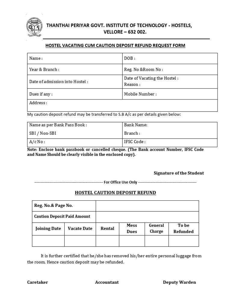 Hostel Caution Deposit Refund Form | PDF