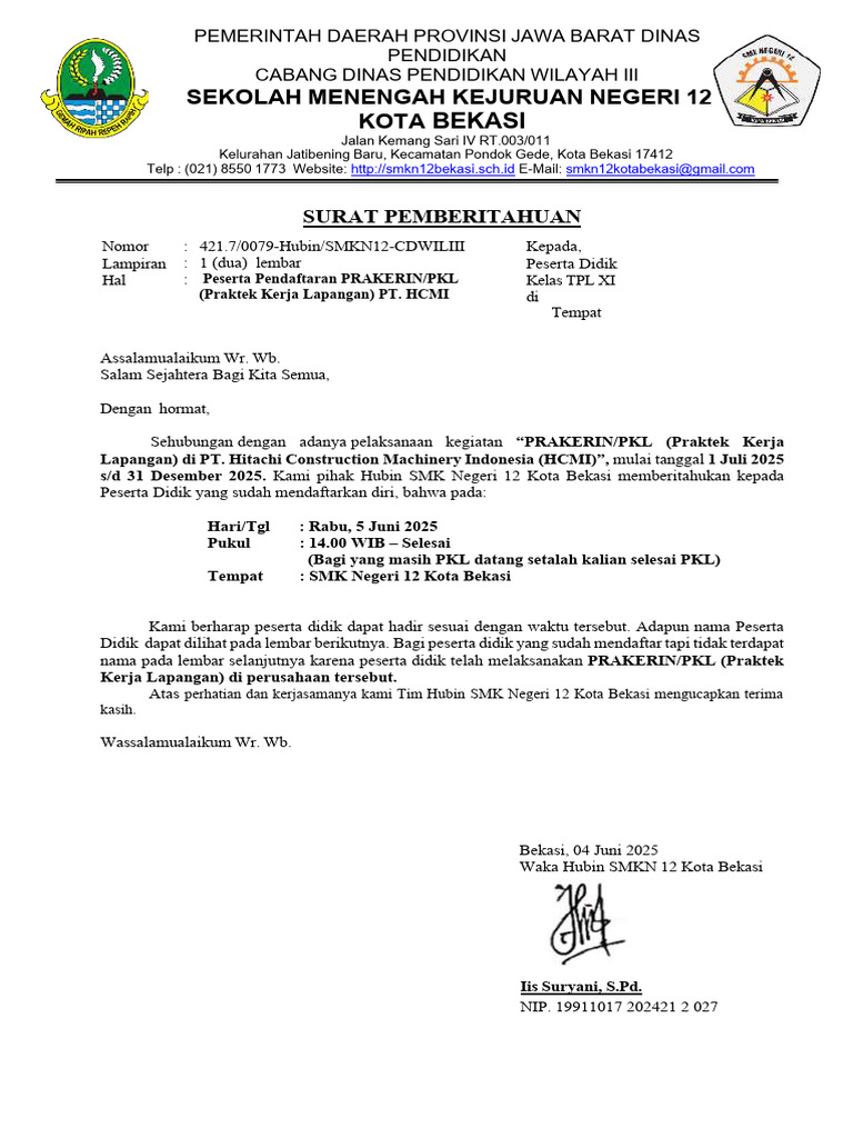 0079 Surat Pembertitahuan PKL PT. HCMI | PDF