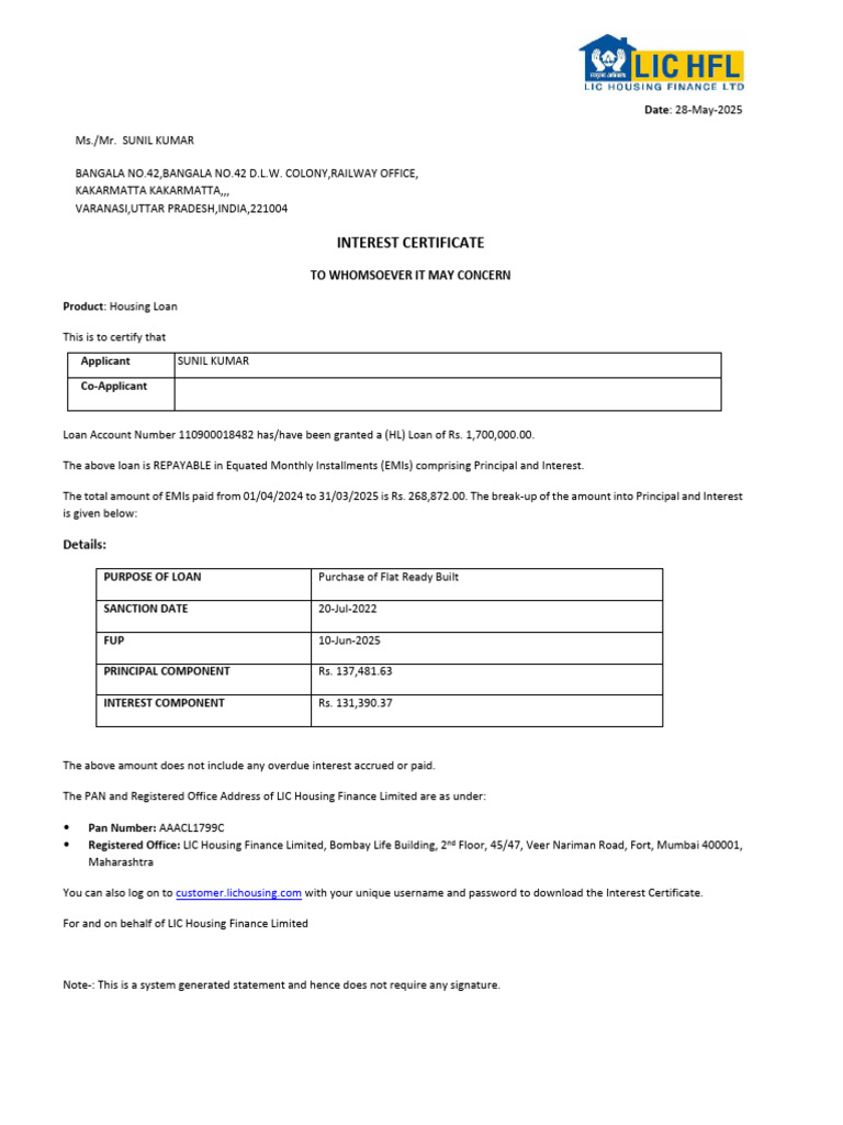 Interest Certificate: To Whomsoever It May Concern | PDF