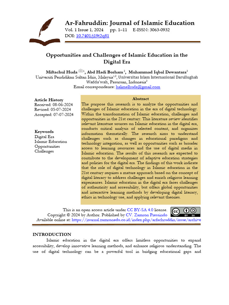 Islamic Education in the Digital Era: Challenges & Opportunities | PDF ...