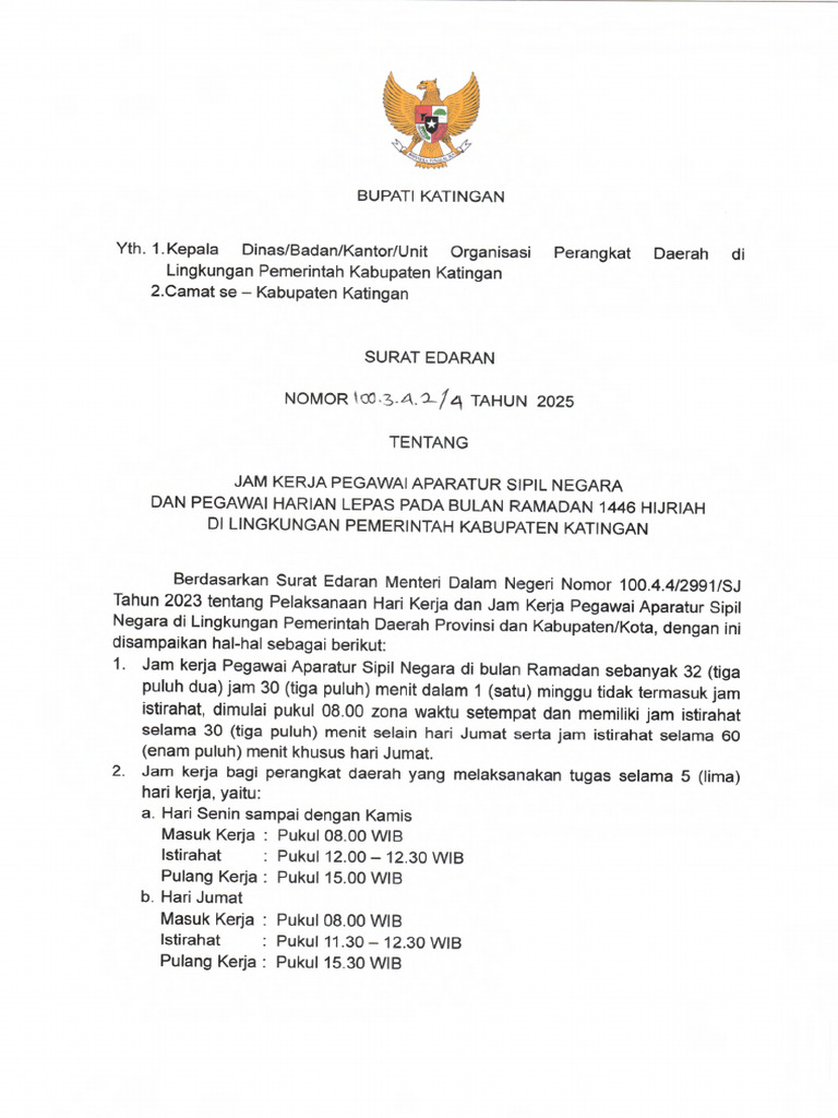 SE Jam Kerja Pegawai ASN Dan PHL Pada Bulan Ramadan 1446 H Di Lingkungan Pemkab Katingan | PDF