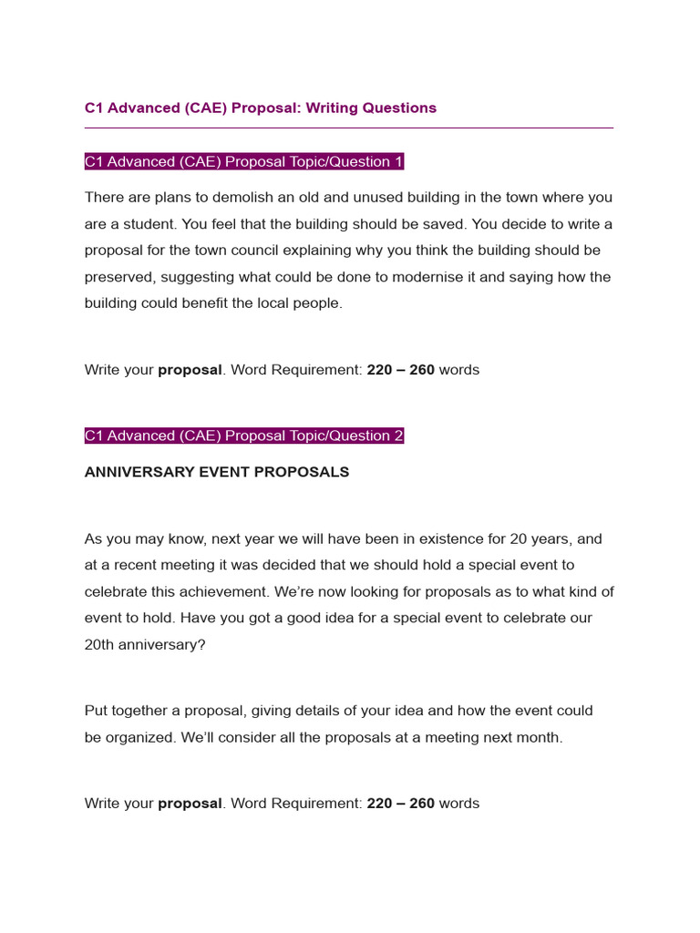 C1 Advanced CAE Proposal Writing Questions PDF | PDF