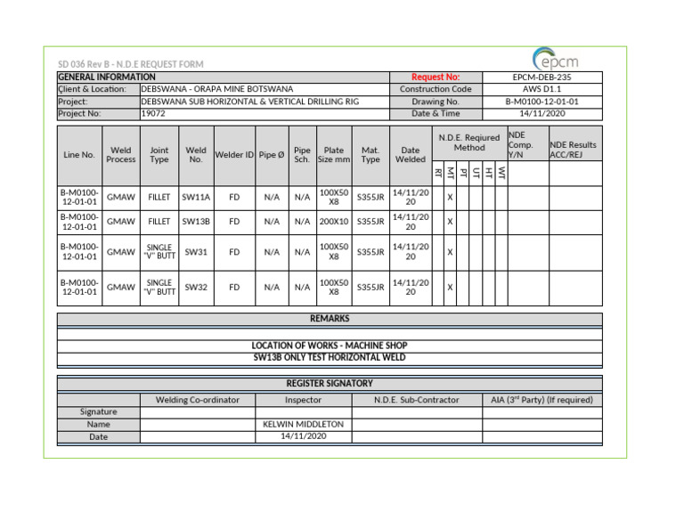 Nde Request Form - Deb - Rod Handler | PDF | Gas Technologies | Electricity