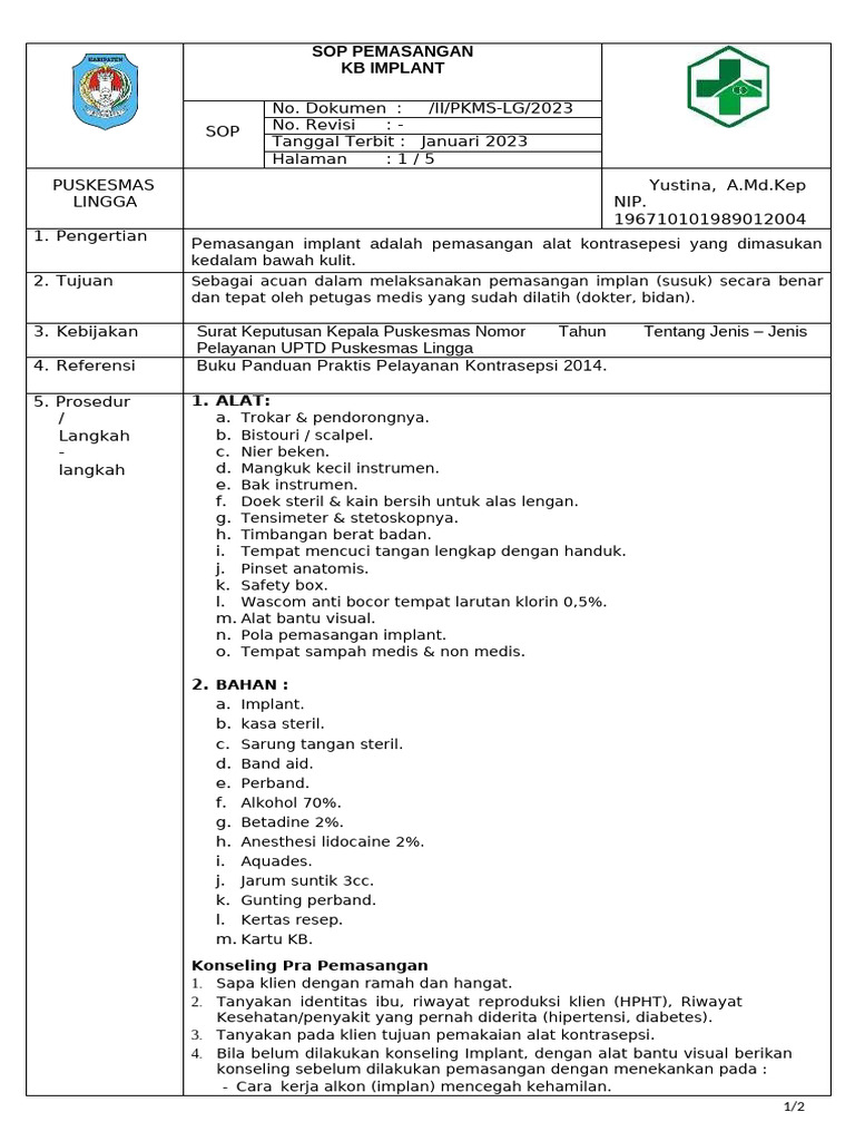 SOP Pemasangan KB Implan Medis | PDF