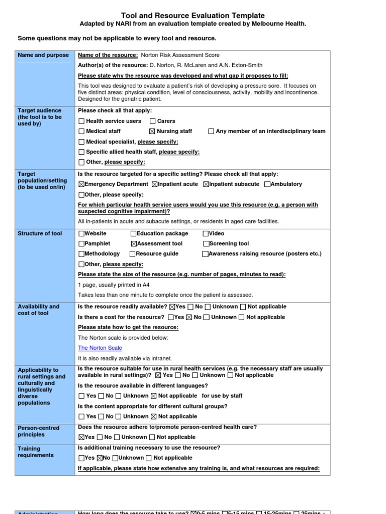 Tool Evaluation: Norton Risk Assessment Score | PDF | Sensitivity And ...