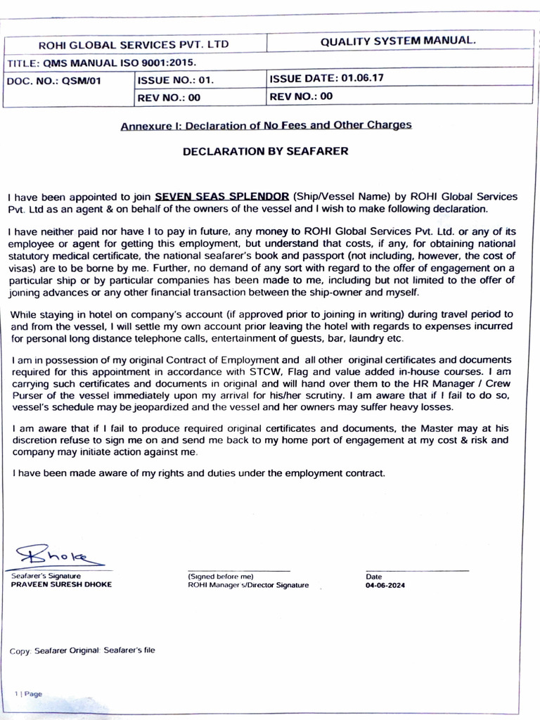 Seafarer Employment Declaration Form | PDF | Sailor | Employment