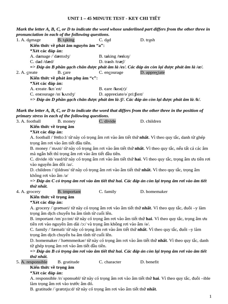 1. Unit 1 - 45 Minute Test - Key Chi Tiết | PDF