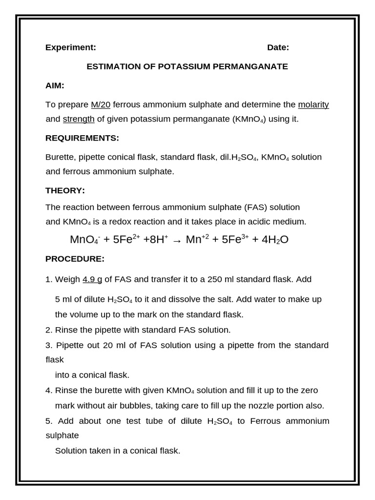 Expt-1.Estimation of Kmno4 Using Fas | PDF | Titration | Chemistry
