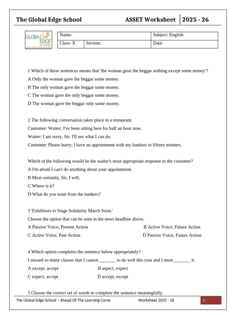 Global Edge School ASSET Worksheet 2025-26 | PDF | Linguistics | Grammar