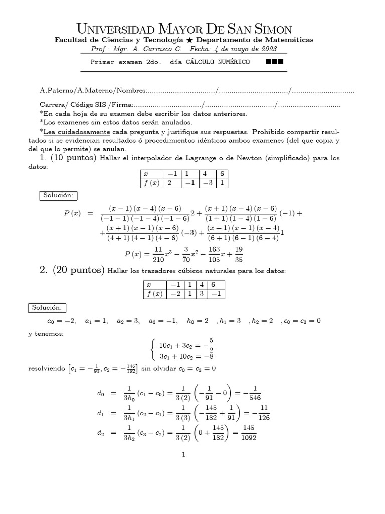 A 2do Examen Cálculo Numérico I 2023 Soluciones | PDF | Matemáticas | Análisis matemático