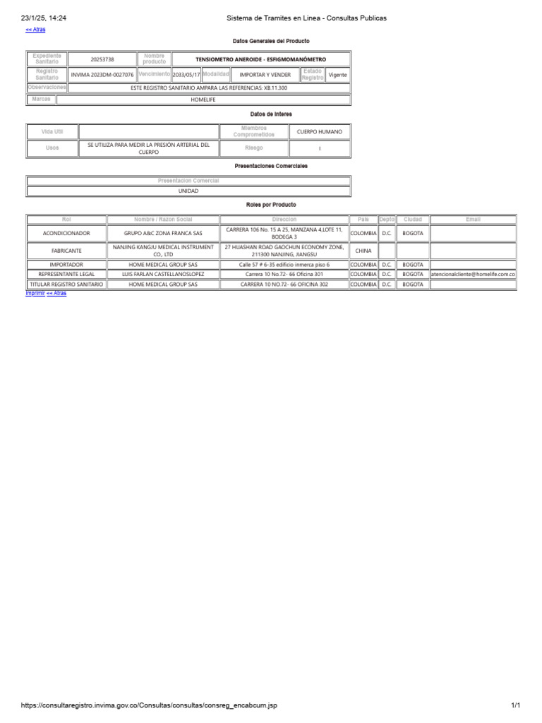 Registro Invima Tensiometro Homelife | PDF