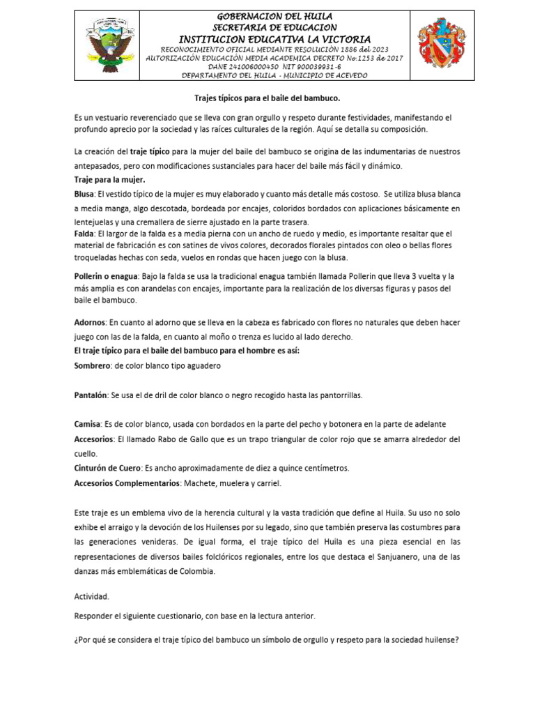 Actividad de Huilensidad Trajes Típicos para El Baile Del Bambuco | PDF ...