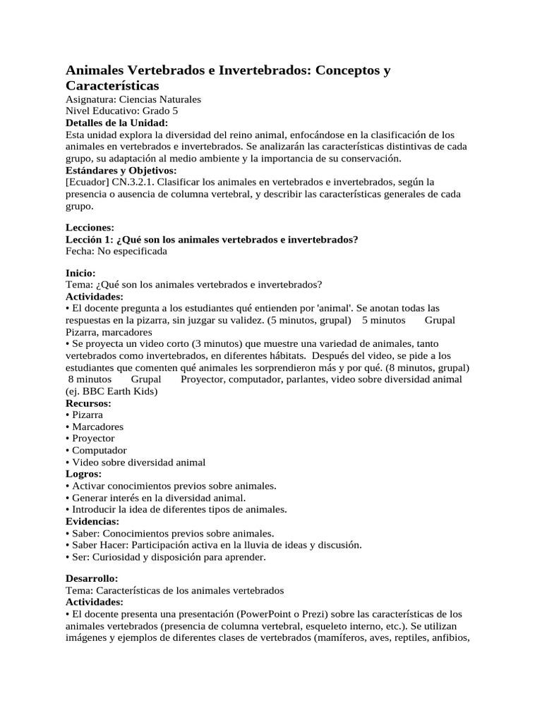 Animales Vertebrados e Invertebrados Conceptos y Características | PDF ...