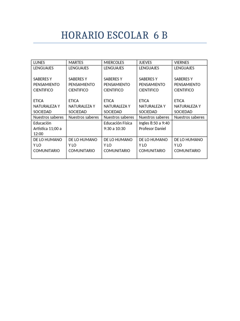 Horario Escolar 6B para Imprimir | PDF
