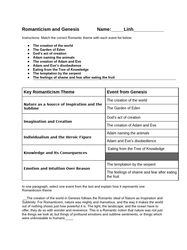 Linh Vu - Romanticism and Genesis Graphic Organizer - 18168379 | PDF