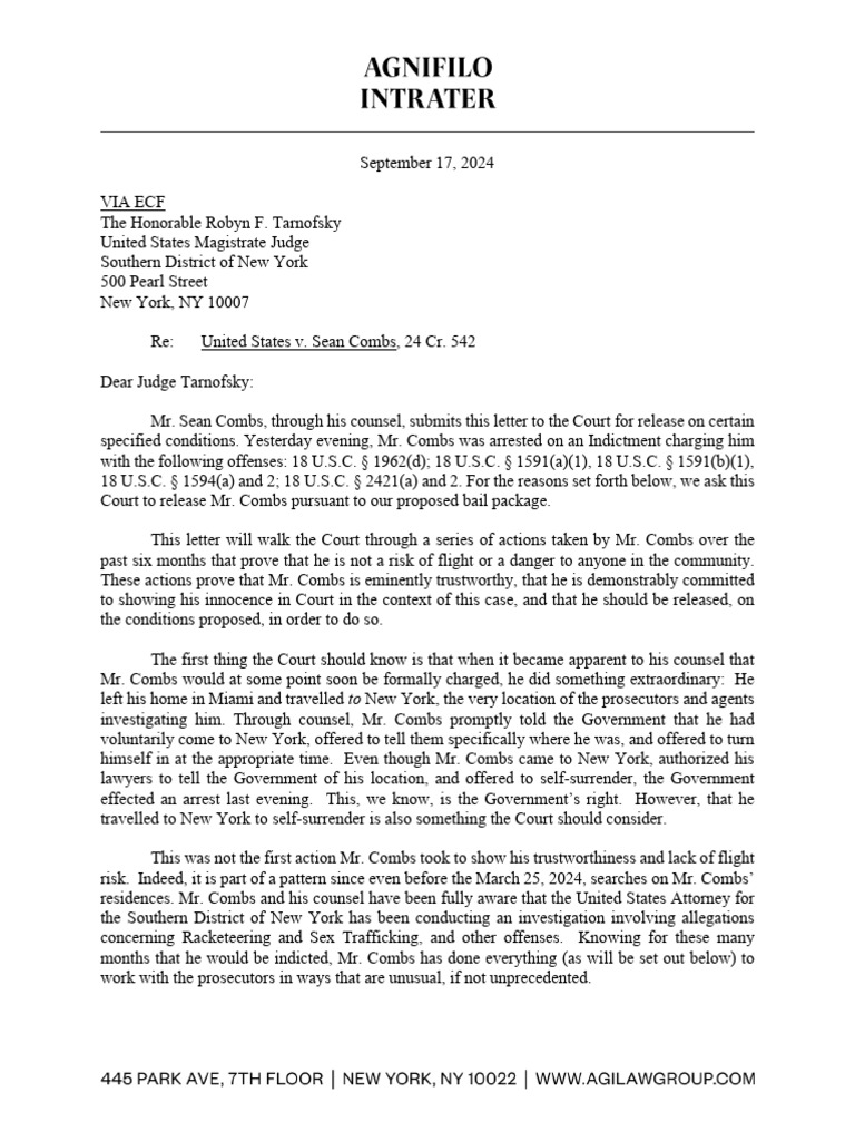 Sean Combs Bail Request Letter | PDF | Title 18 Of The United States ...