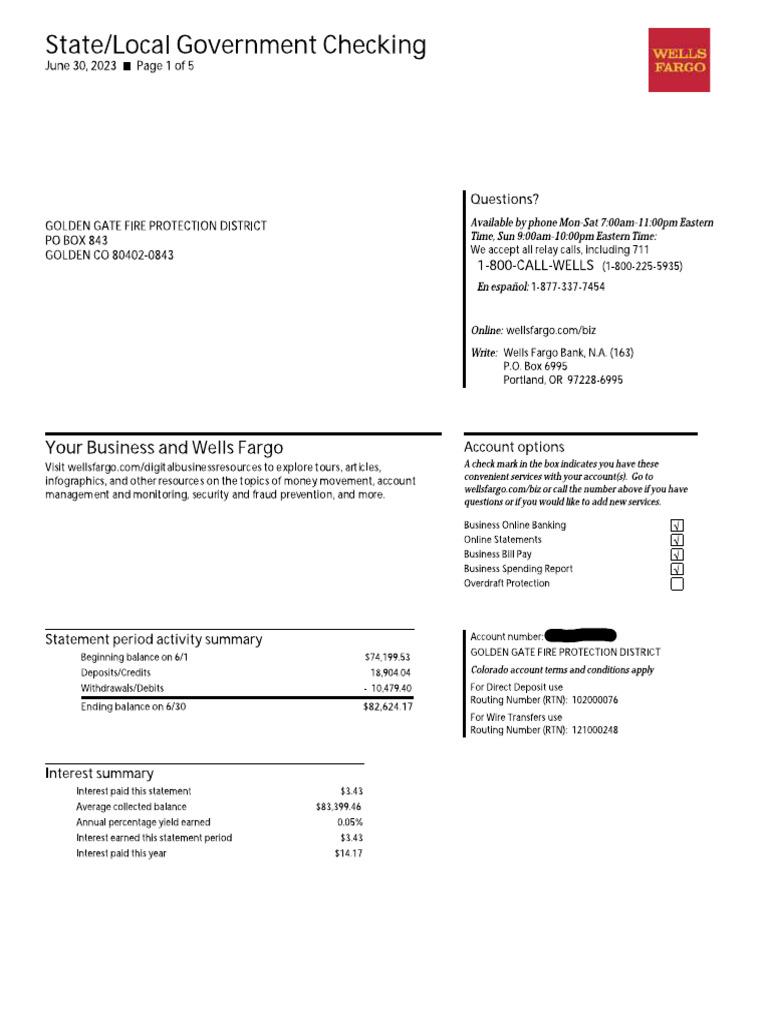 June 2023 Wells Fargo Checking Account Statement | PDF