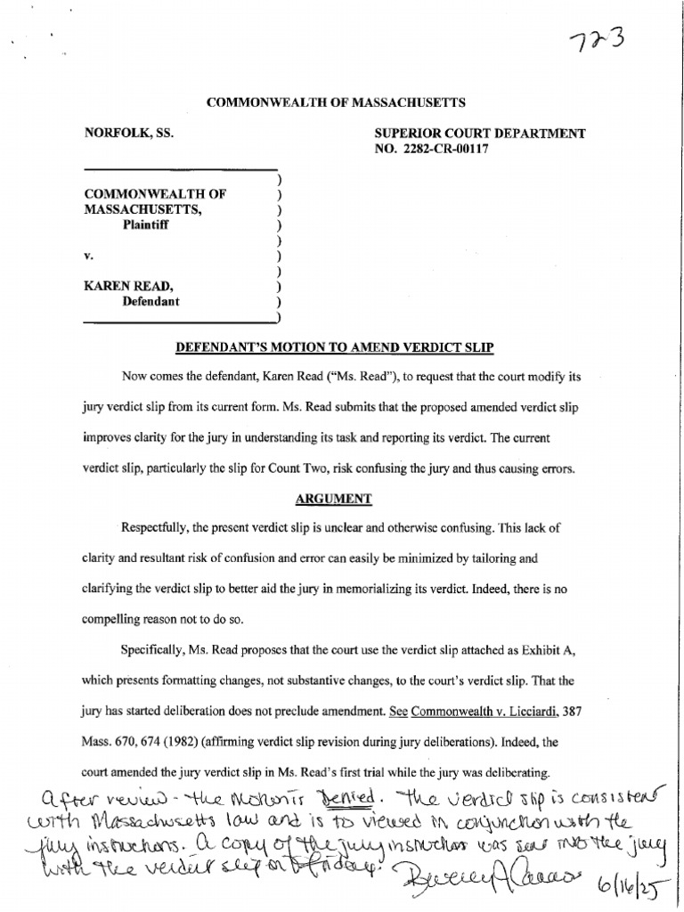 Karen Read Motion To Amend Verdict Slip | PDF