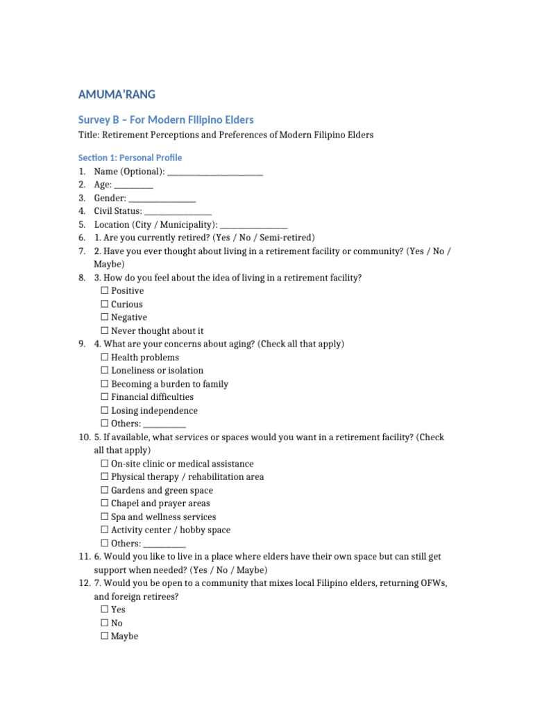 Survey B Modern Filipino Elders | PDF