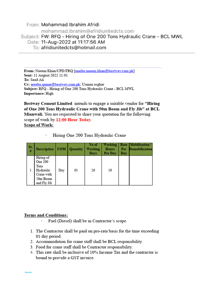 FW RFQ - Hiring of One 200 Tons Hydraulic Crane - BCL MWL | PDF