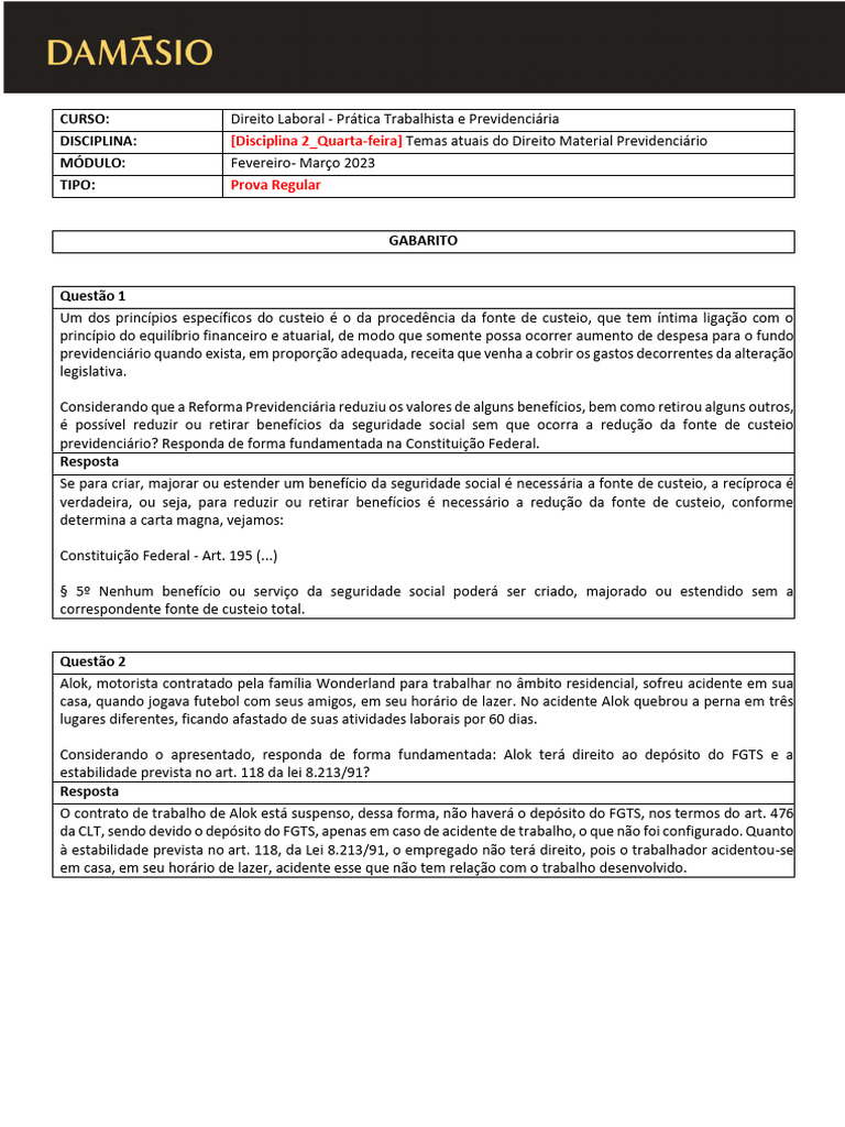 Gabarito - Prova Regular - Quarta - Laboral - Mod. Fev - Mar.2023 | PDF