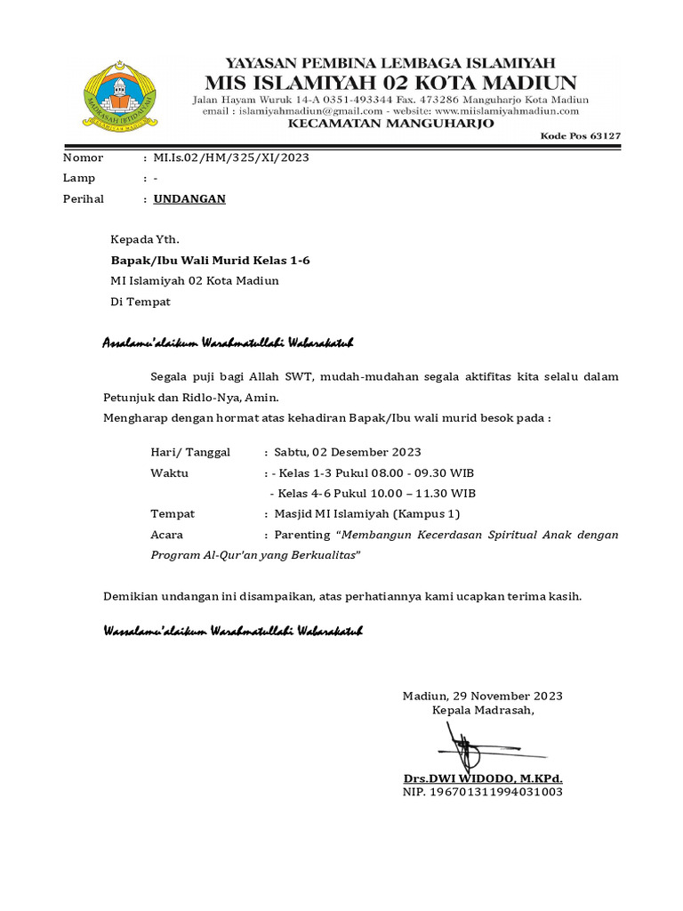 Undangan Parenting MI Islamiyah 02 Madiun | PDF