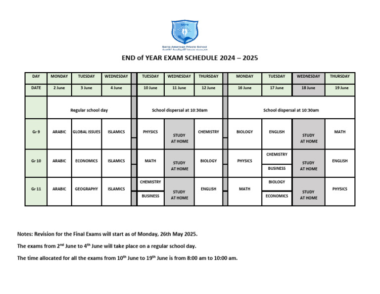 GR 9-11 END of YEAR EXAM SCHEDULE 2024 - 2025 | PDF