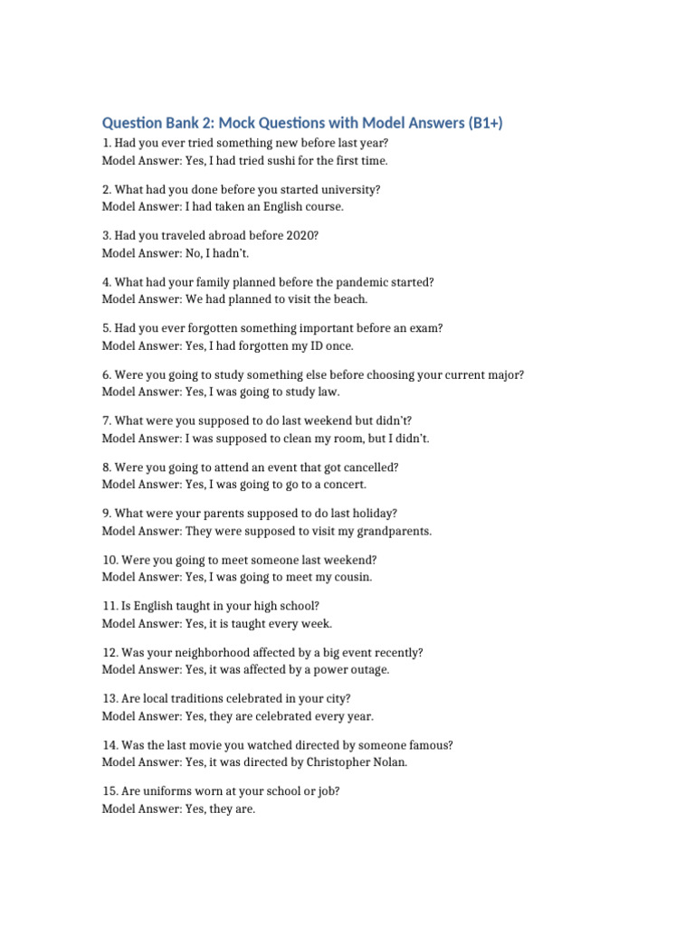 Mock Oral Questions With Model Answers B1plus | PDF | Chess Theory