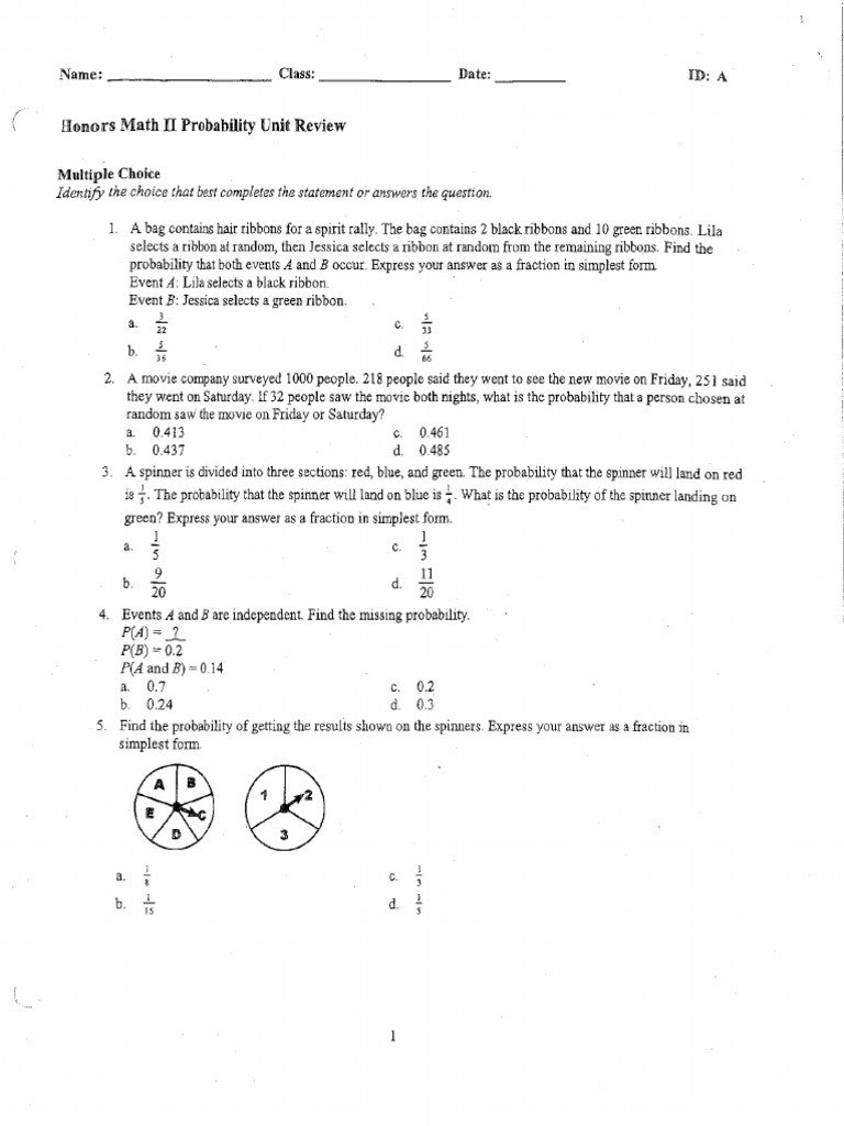 Honors Math II Porbability Unit Review | PDF