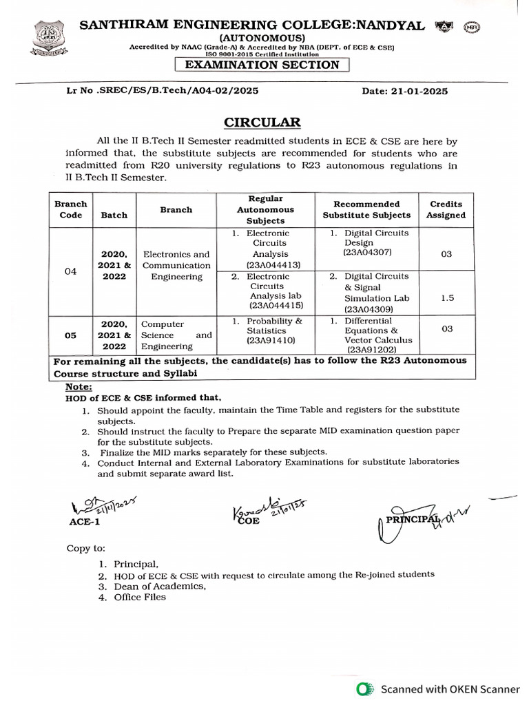 Substitute Circular For ECE & CSE Branches Under R23 Regulations For II ...