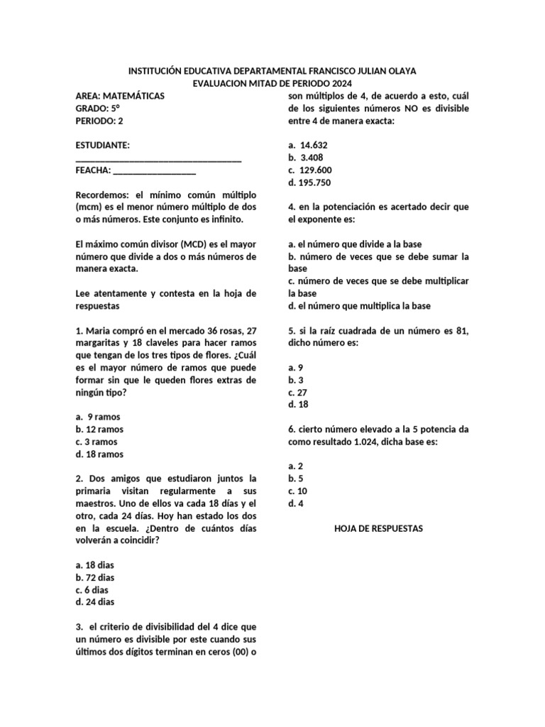 Evaluacion Mitad de Periodo 2 Grado 5 Periodo 2 2024 Matematicas | PDF